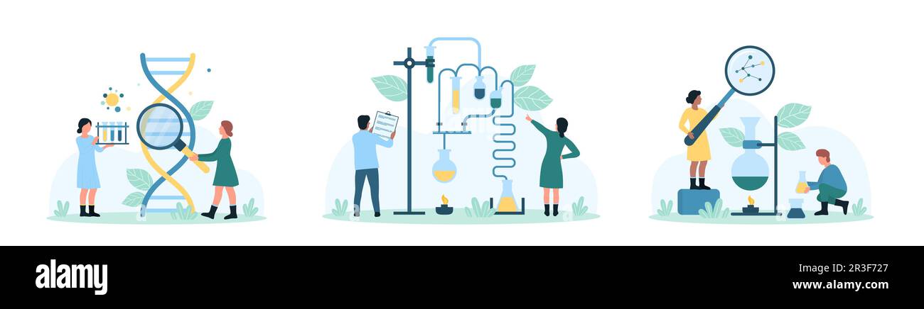 Science research set vector illustration. Cartoon tiny people looking ...