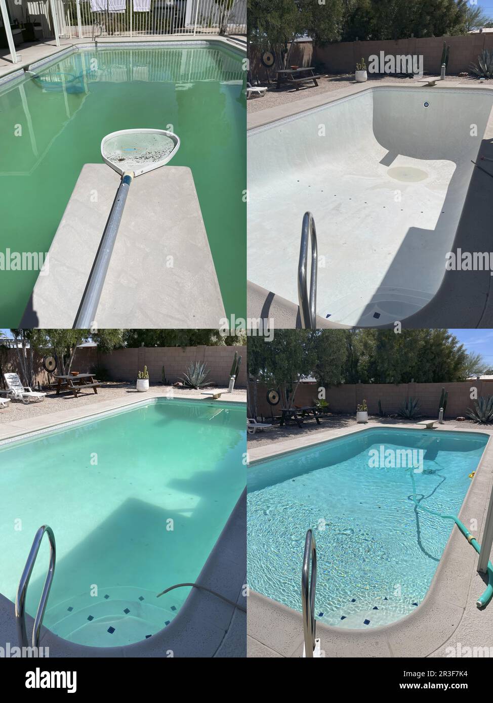 Four stages of a swimming pool - dirty with algae, empty, refill with ...
