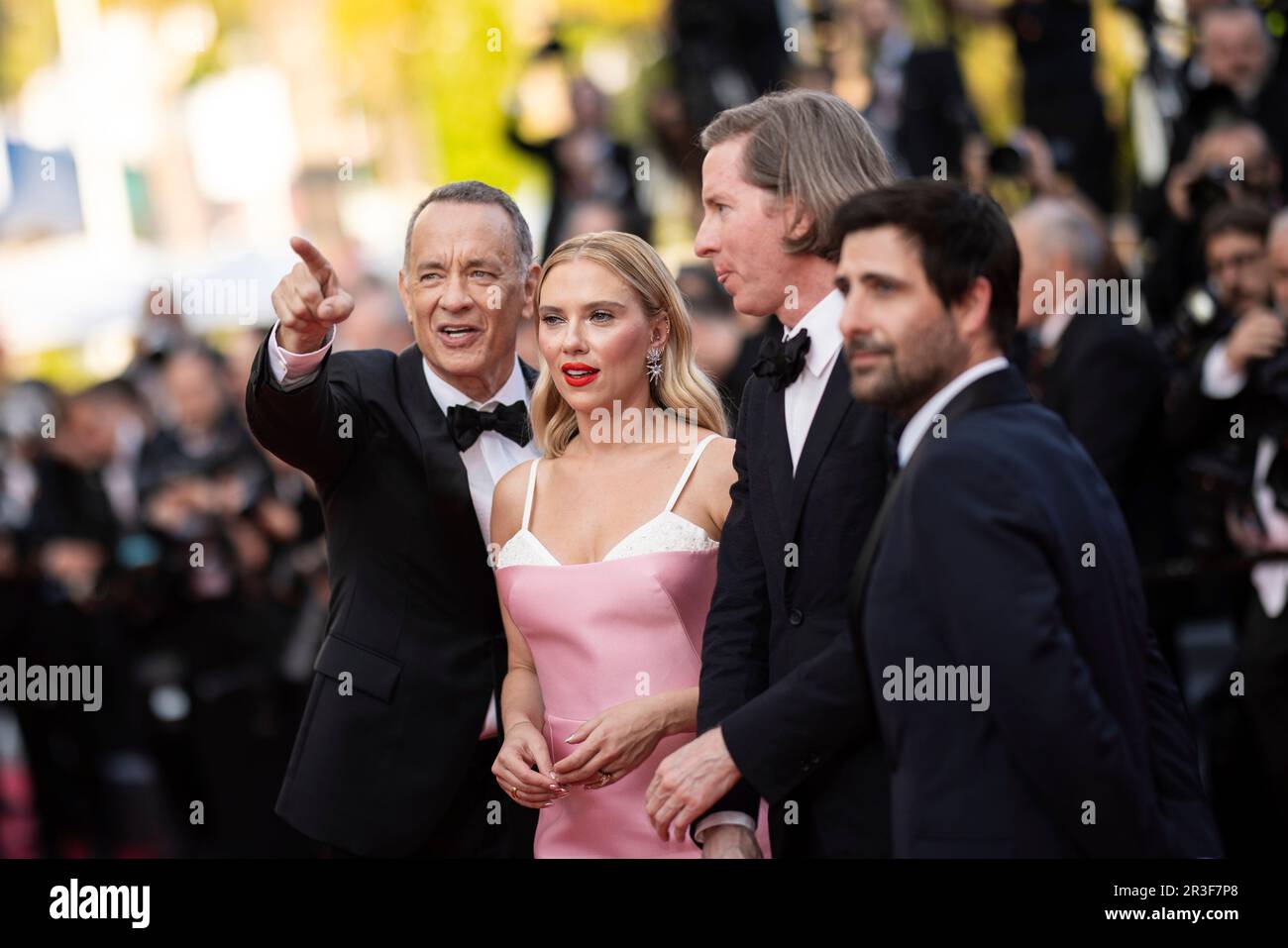 Tom Hanks, from left, Scarlett Johansson, director Wes Anderson, and Jason Schwartzman pose for ...