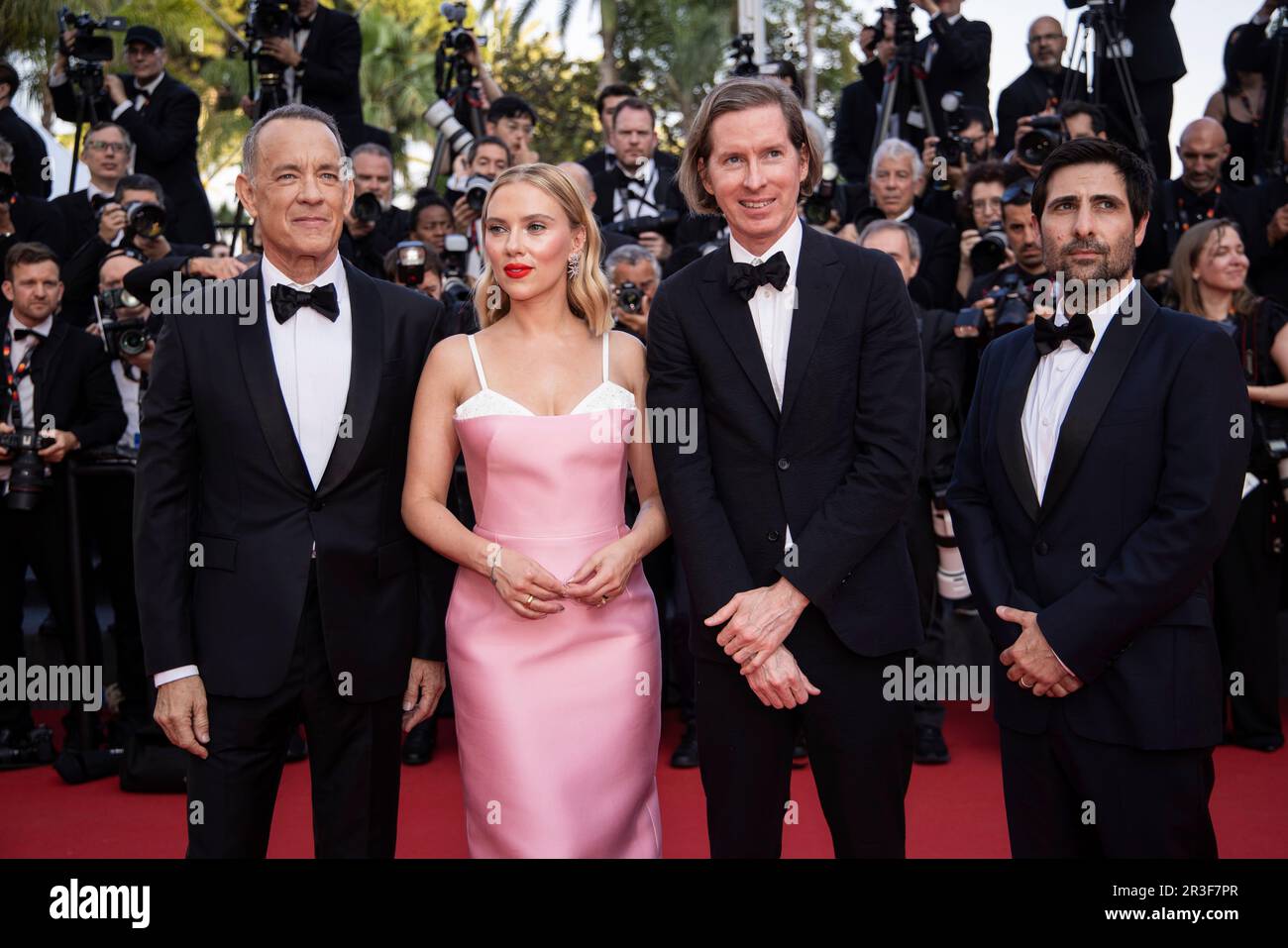 Tom Hanks, from left, Scarlett Johansson, director Wes Anderson, and Jason Schwartzman pose for ...