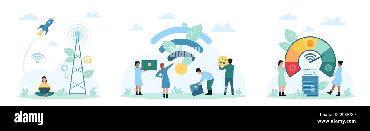 Wifi set vector illustration. Cartoon tiny people work with fast ...