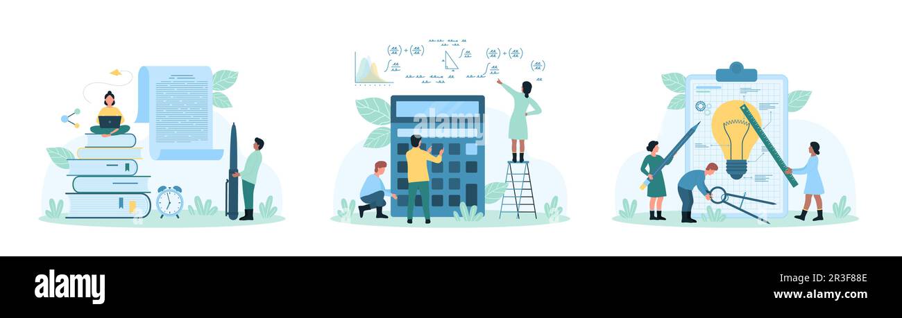 Project research, innovation set vector illustration. Cartoon tiny ...