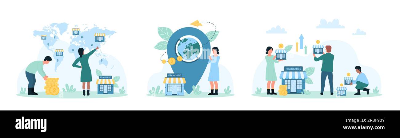 Franchise, global business expansion set vector illustration. Cartoon ...