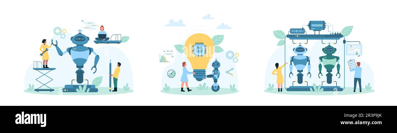 Robot programming, machine learning set vector illustration. Cartoon ...