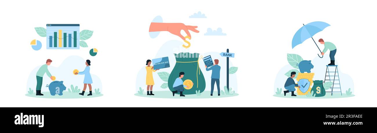 Financial savings set vector illustration. Cartoon tiny people save ...