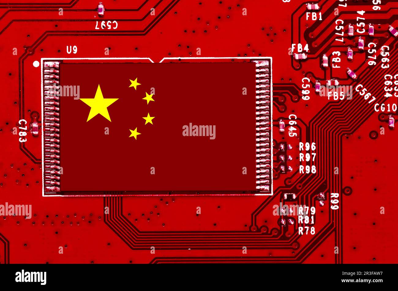 Chinese National Flag overlaid on PC micro chip on integrated circuit ...