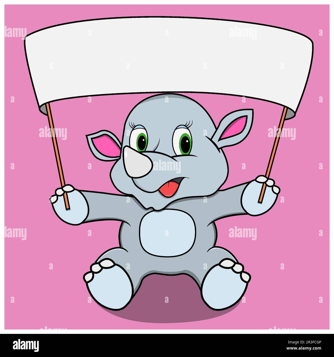 Character Rhinoceros With Big Blank Sign Wood, Pink Colors Background ...