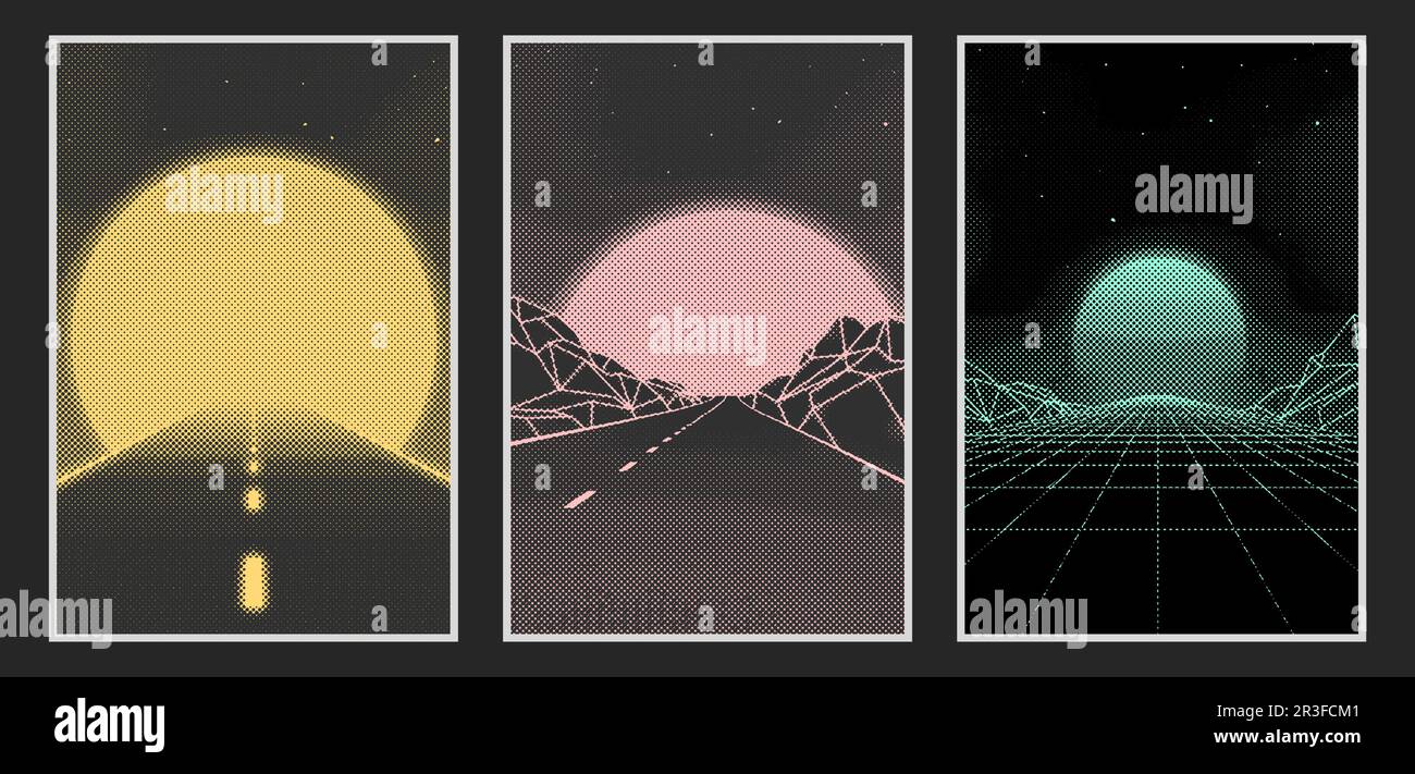 Set of Half tone Retro background futuristic landscapes 1980s style ...