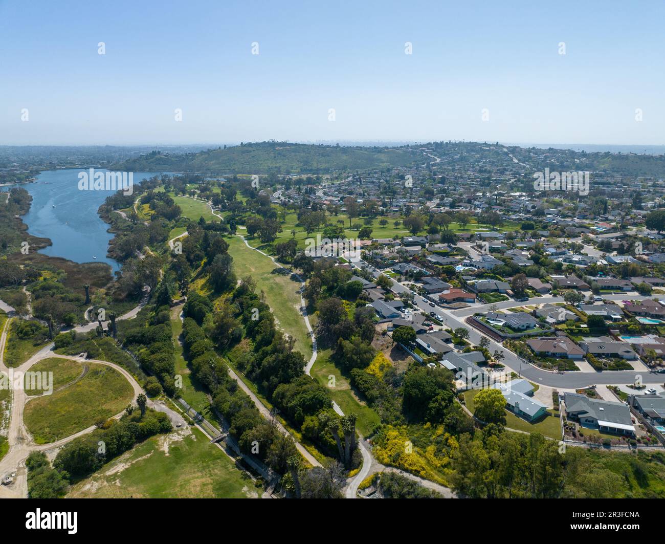 Aerial view of house around Lake Murray reservoir in San Diego ...