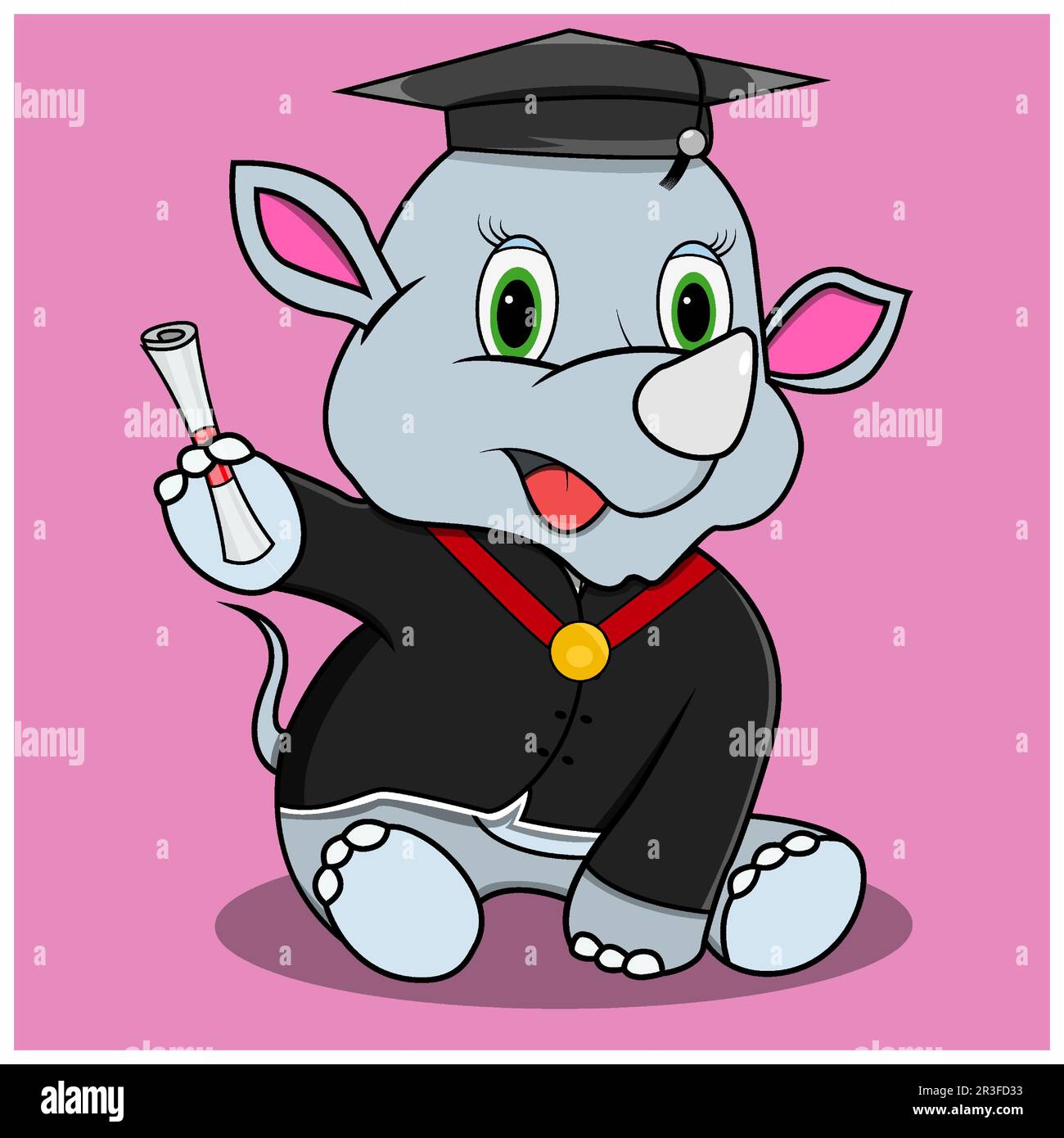 Character Rhinoceros With Graduation Theme, Pink Colors Background ...