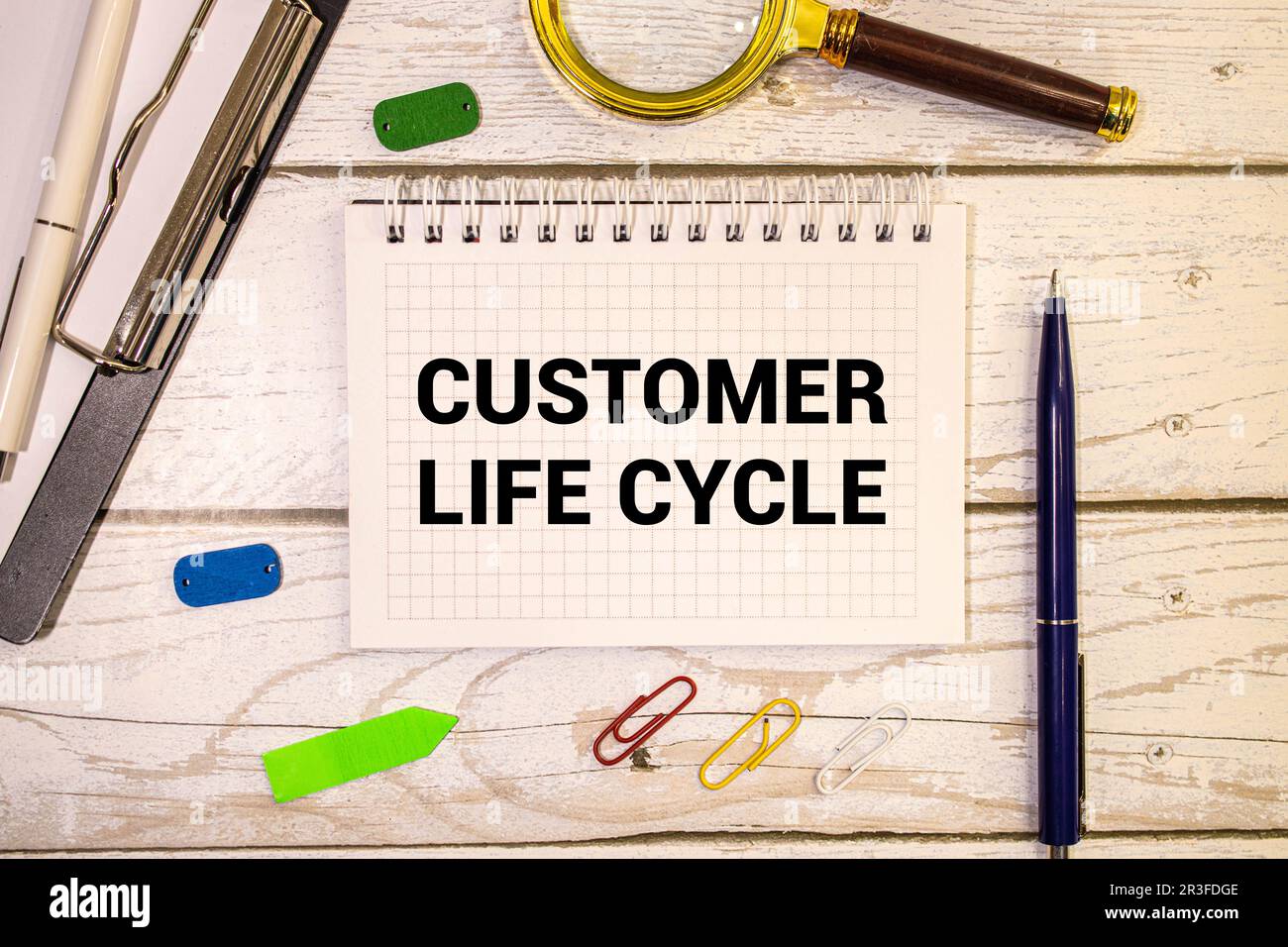 On the notepad for writing the text Customer Life Cycle, magnifier ...
