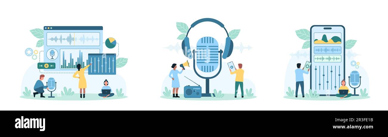 Sound editing set vector illustration. Cartoon tiny people edit digital ...