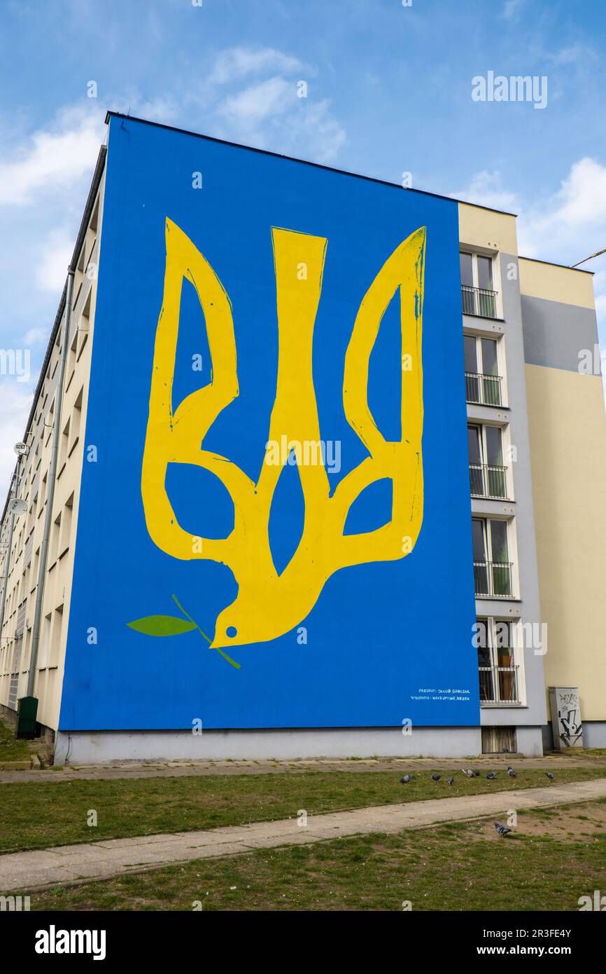 Gdansk Poland March 2022 UKRAINE national emblem with pigeon symbol of ...