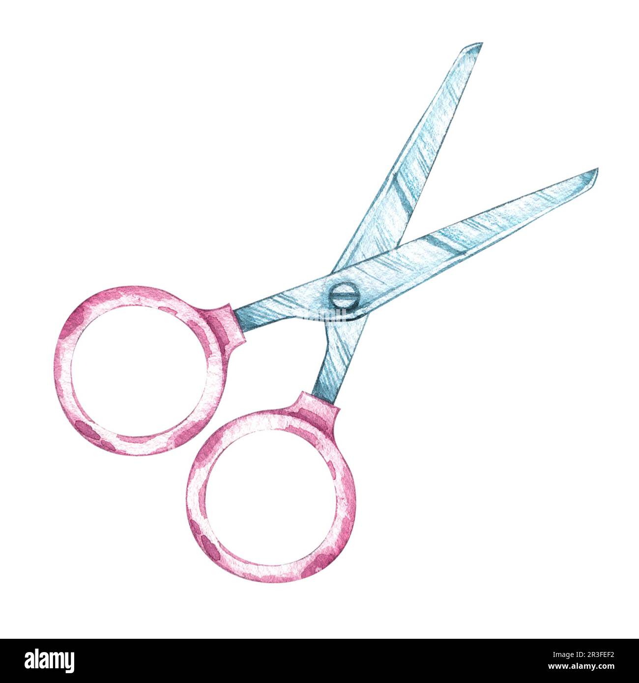 Watercolor scissors with a pink handle for a schoolboy on a white ...
