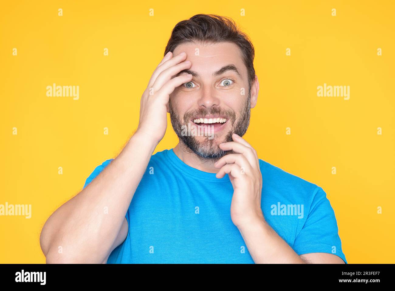 Emotional scared man looks with frightened expression, nervously ...