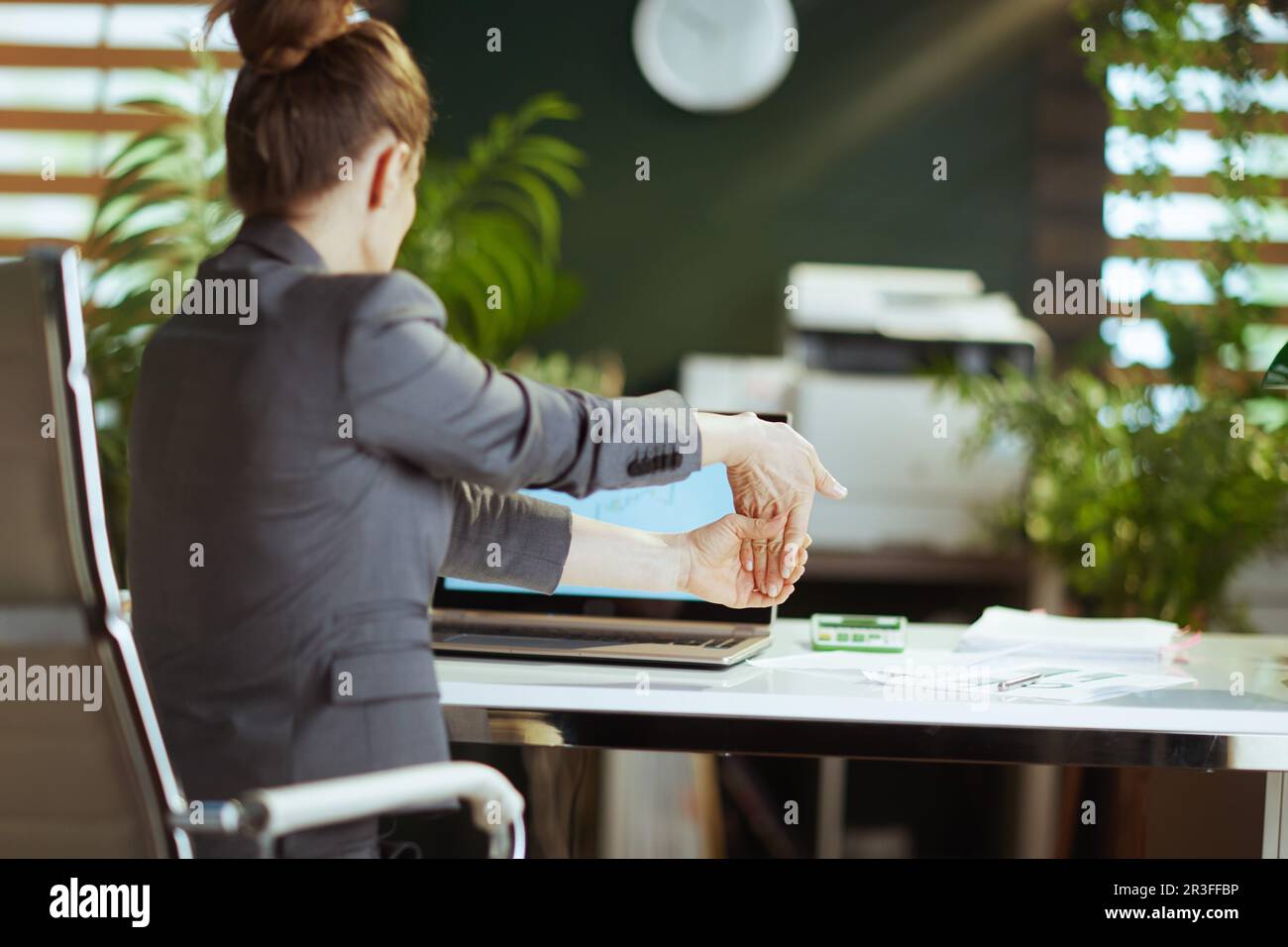 Sustainable workplace. Seen from behind modern business woman in a grey ...