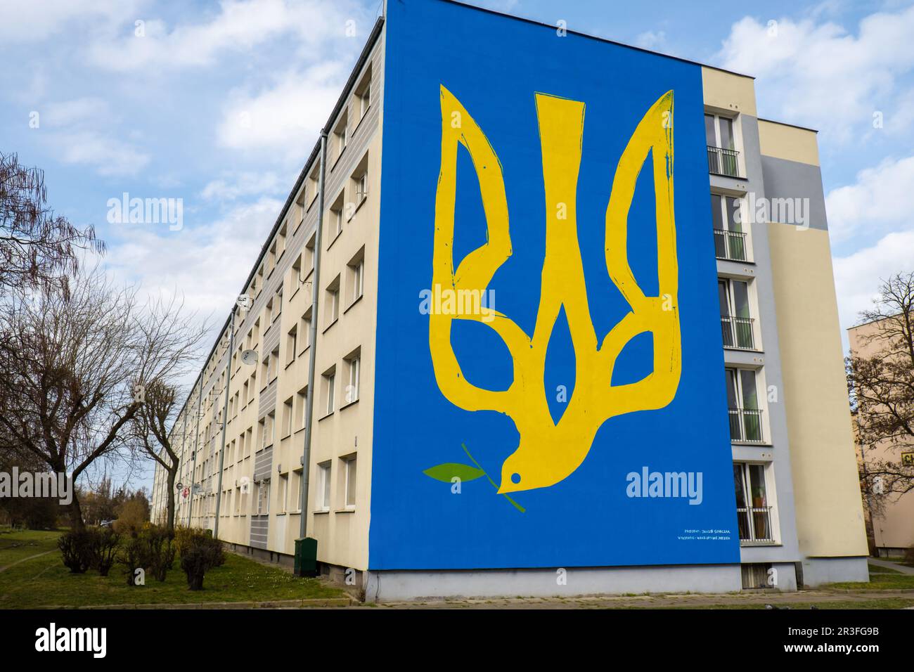 Gdansk Poland March 2022 UKRAINE national emblem with pigeon symbol of ...