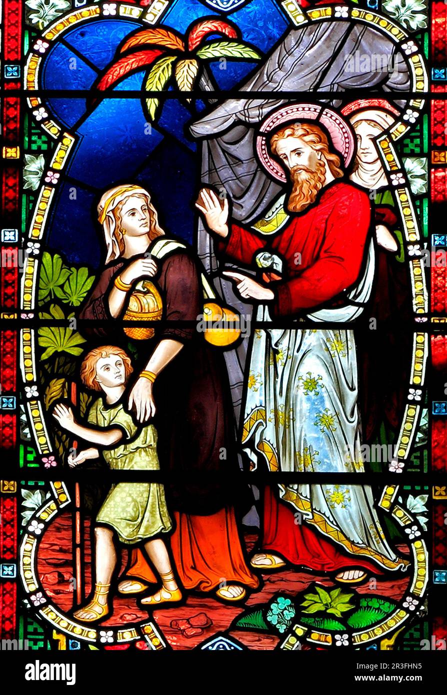 Old Hunstanton stained glass, Hagar and Ishmael, cast out by Abraham ...