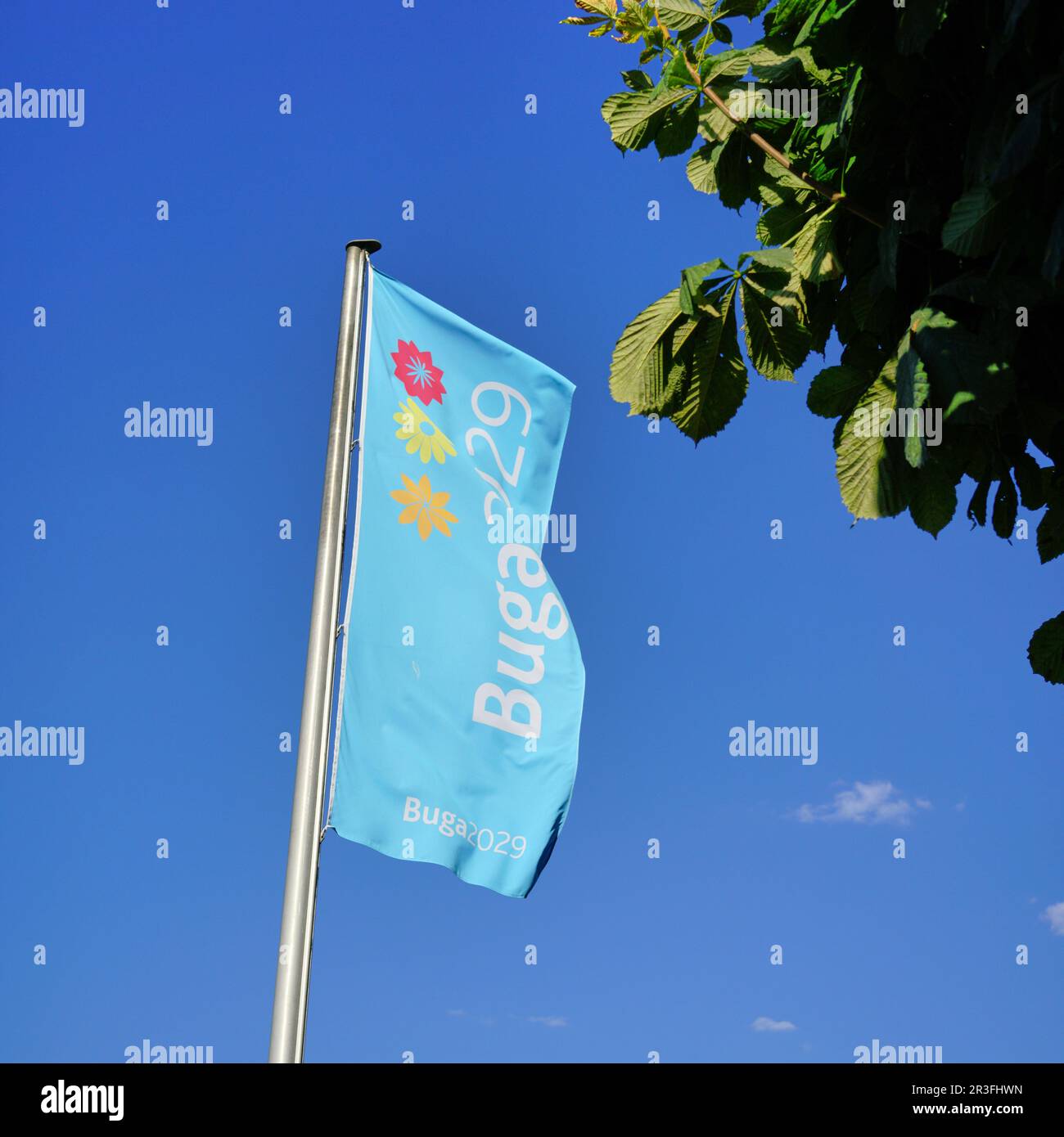 Flag advertising the upcoming Buga Flower and Garden mega event in 2029 ...