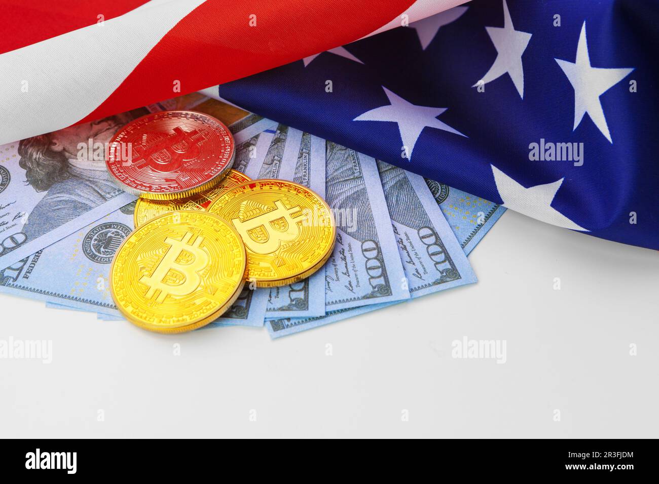 Bitcoin physical coins on American flag background with dollars Stock ...