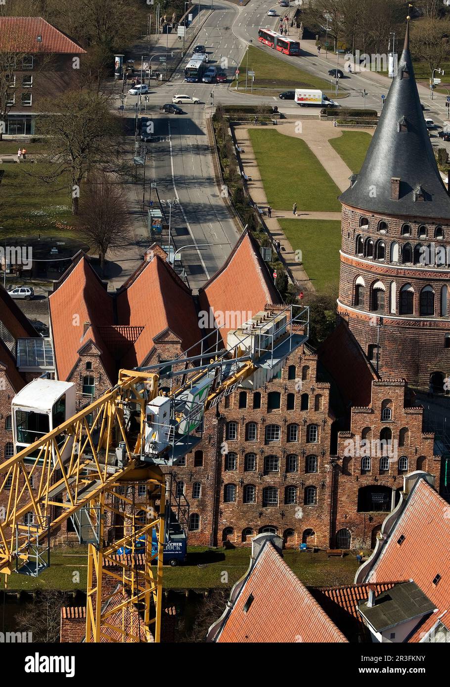 Holsten Gate with salt storage and construction crane from above ...