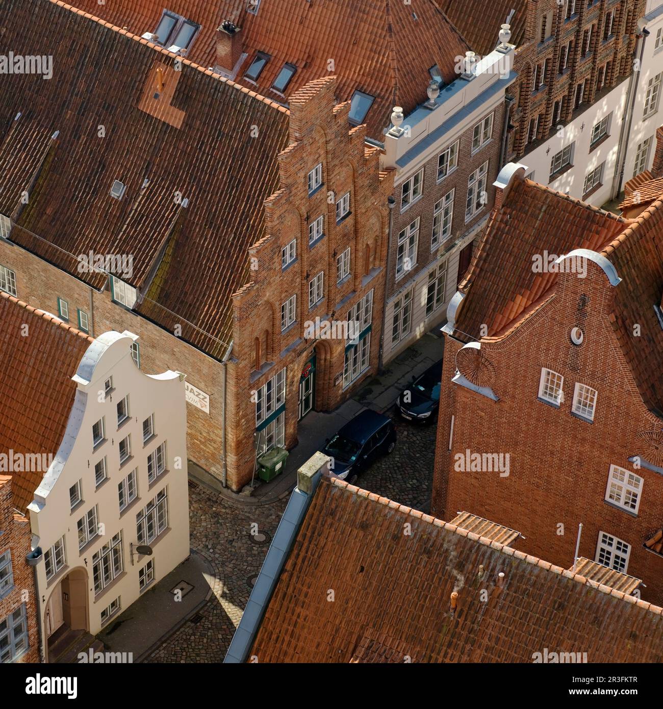 Bird's-eye view of old town streets, Luebeck, Schleswig-Holstein ...