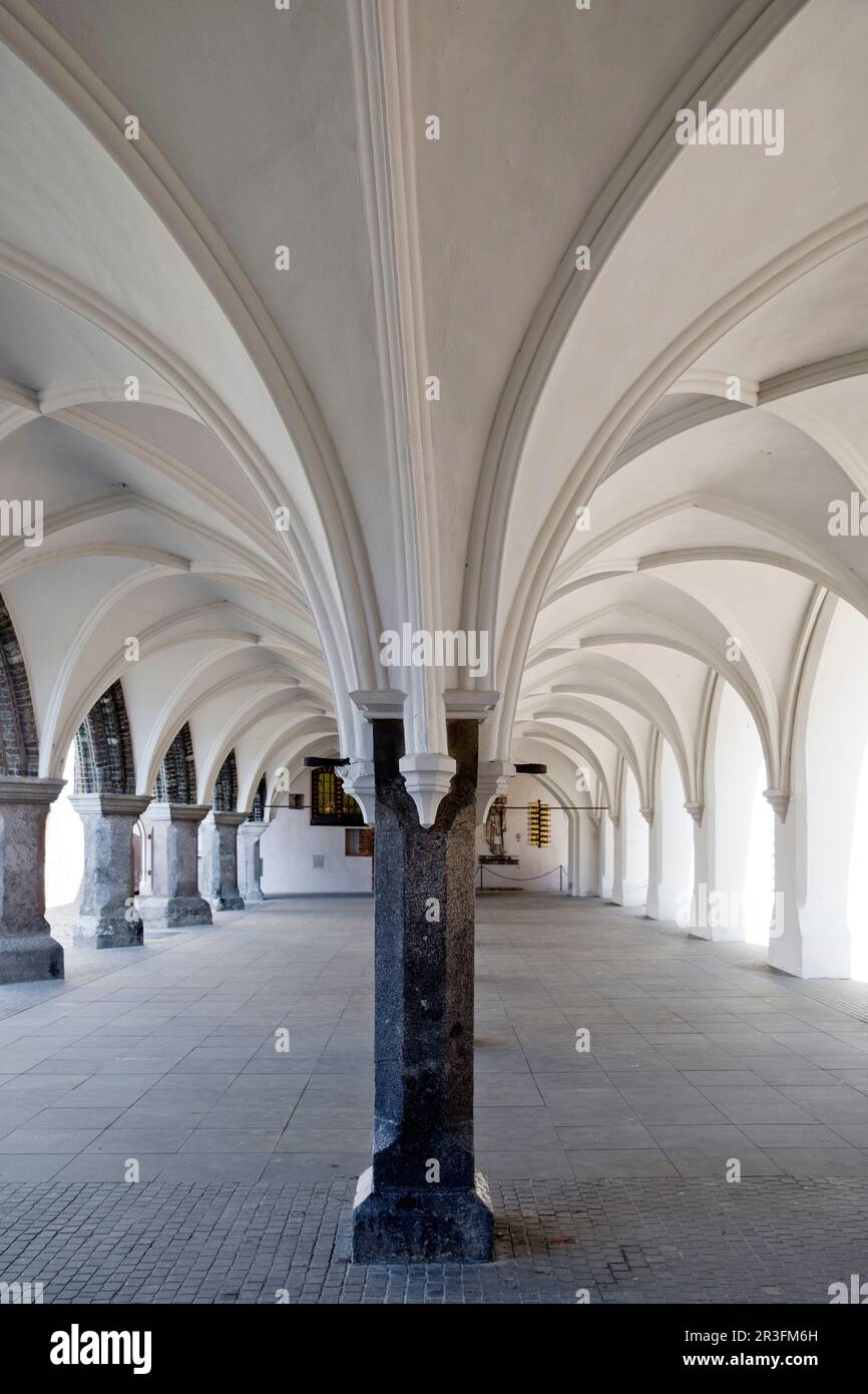 Historic Luebeck Town Hall, open hall under the Long House with granite ...