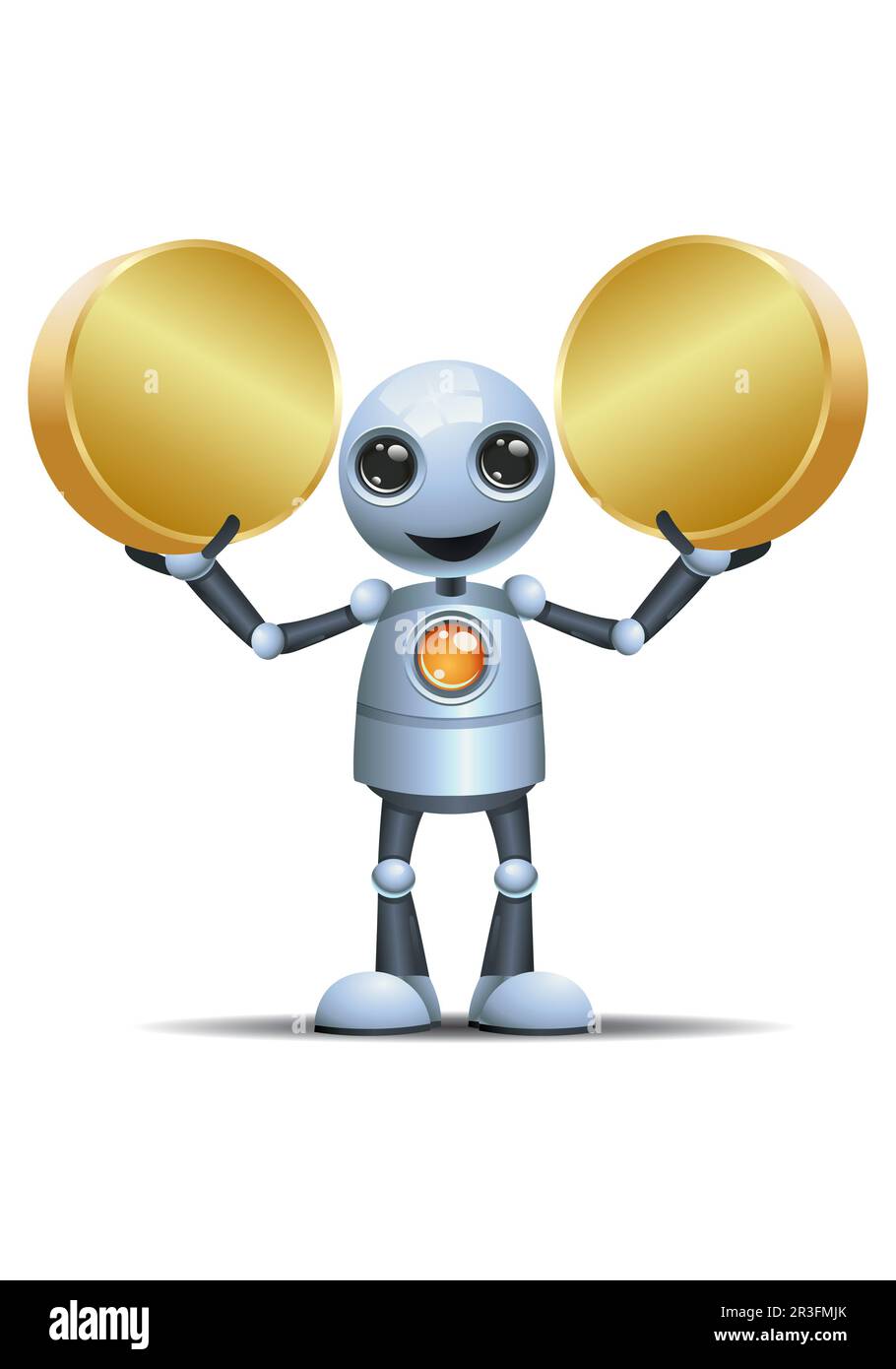 3D illustration of a little robot hold two coins on isolated white ...