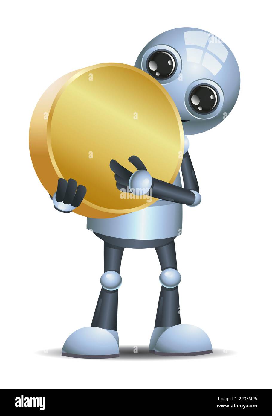3D illustration of a little robot hold one coin on isolated white ...