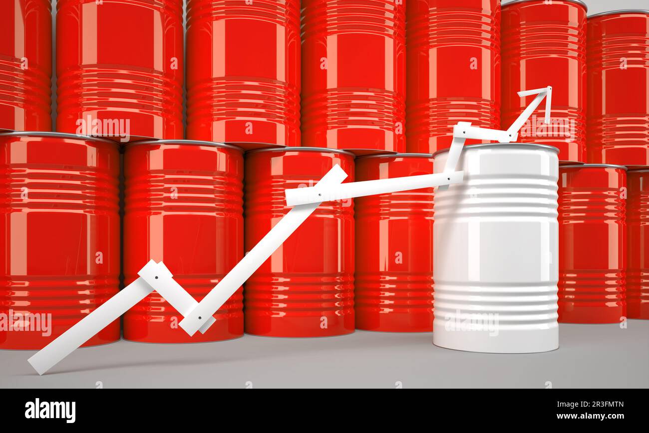 Many stacked barrels as industry symbol with arrow - 3D Illustration ...