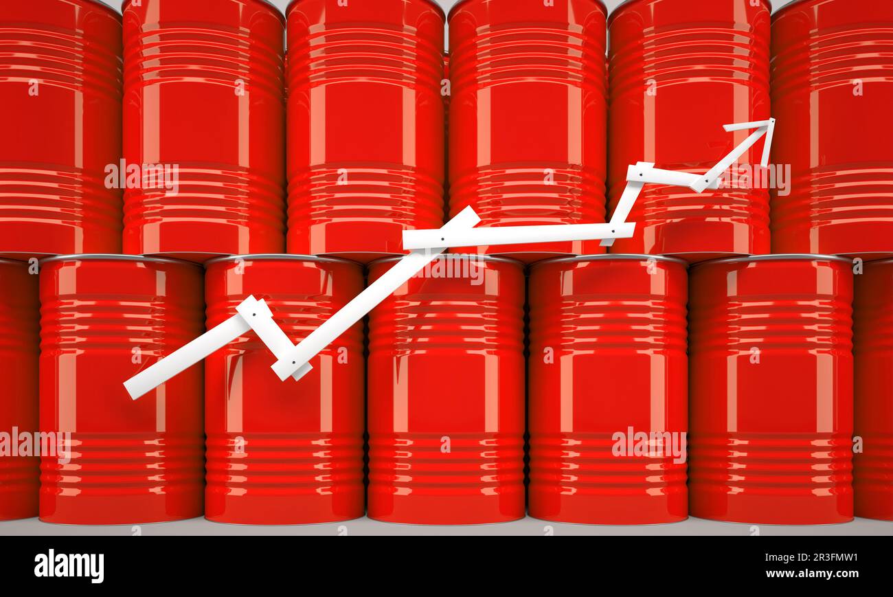 Many stacked barrels as industry symbol with arrow - 3D Illustration ...