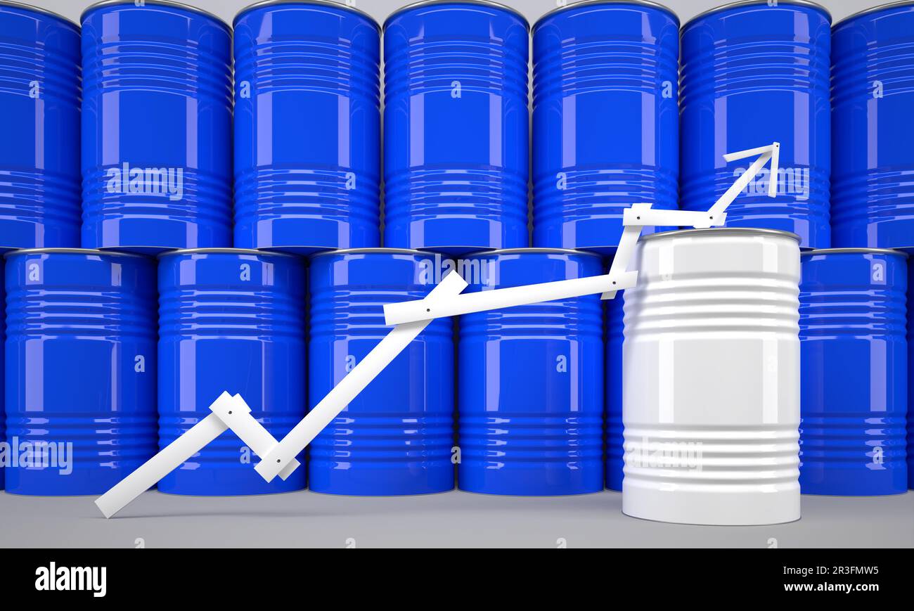 Many stacked barrels as industry symbol with arrow - 3D Illustration ...