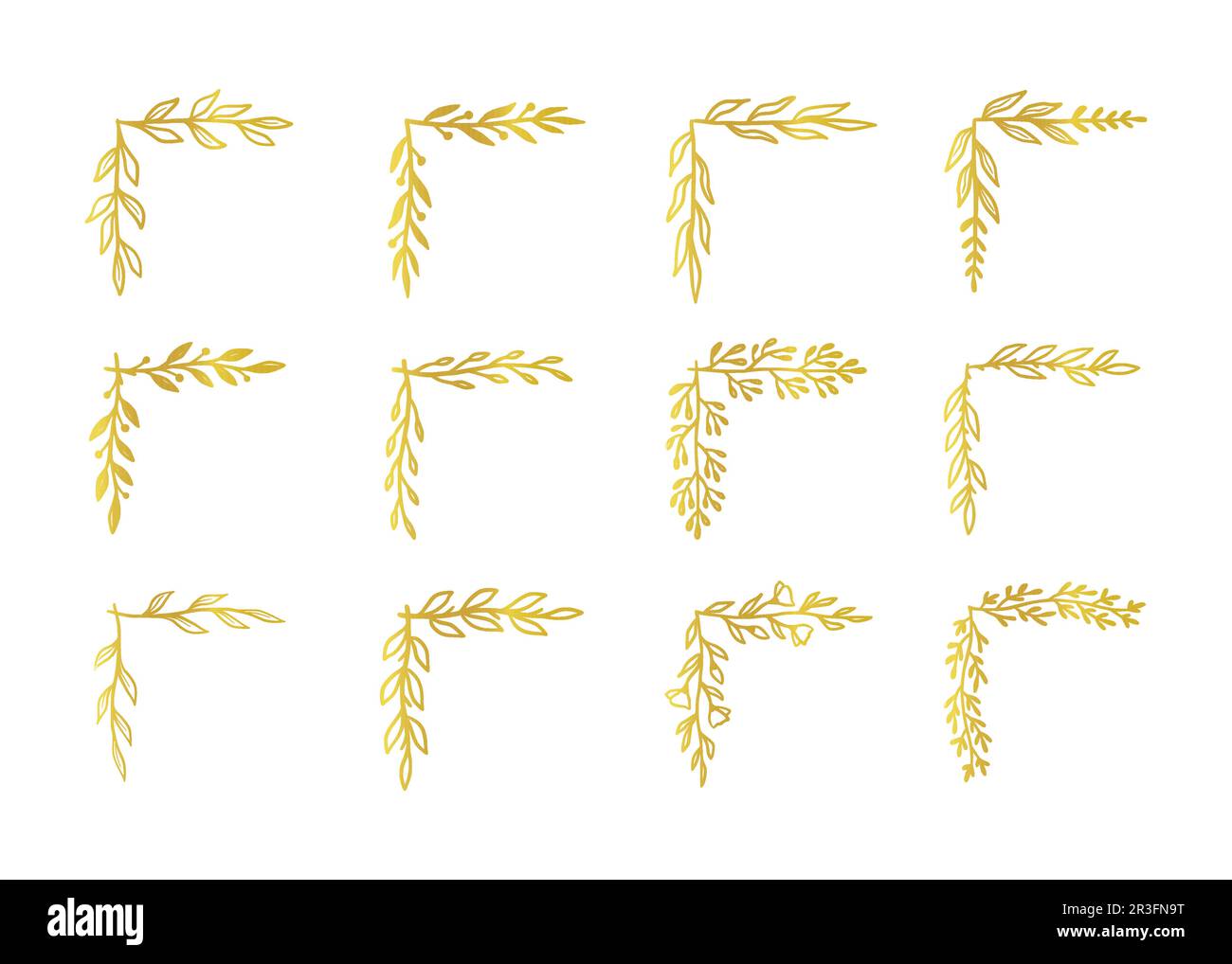 Gold corner border floral, flower frame set. Hand drawn rustic sketch ...