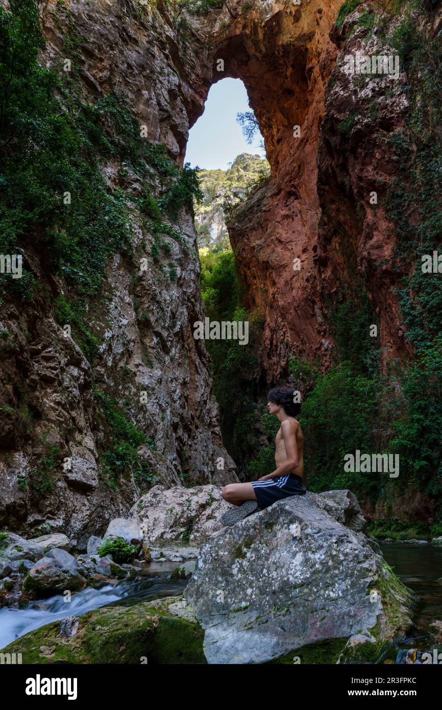 God's Bridge, hiker, Akchour, Talassemtane Nature Park, Rif region ...