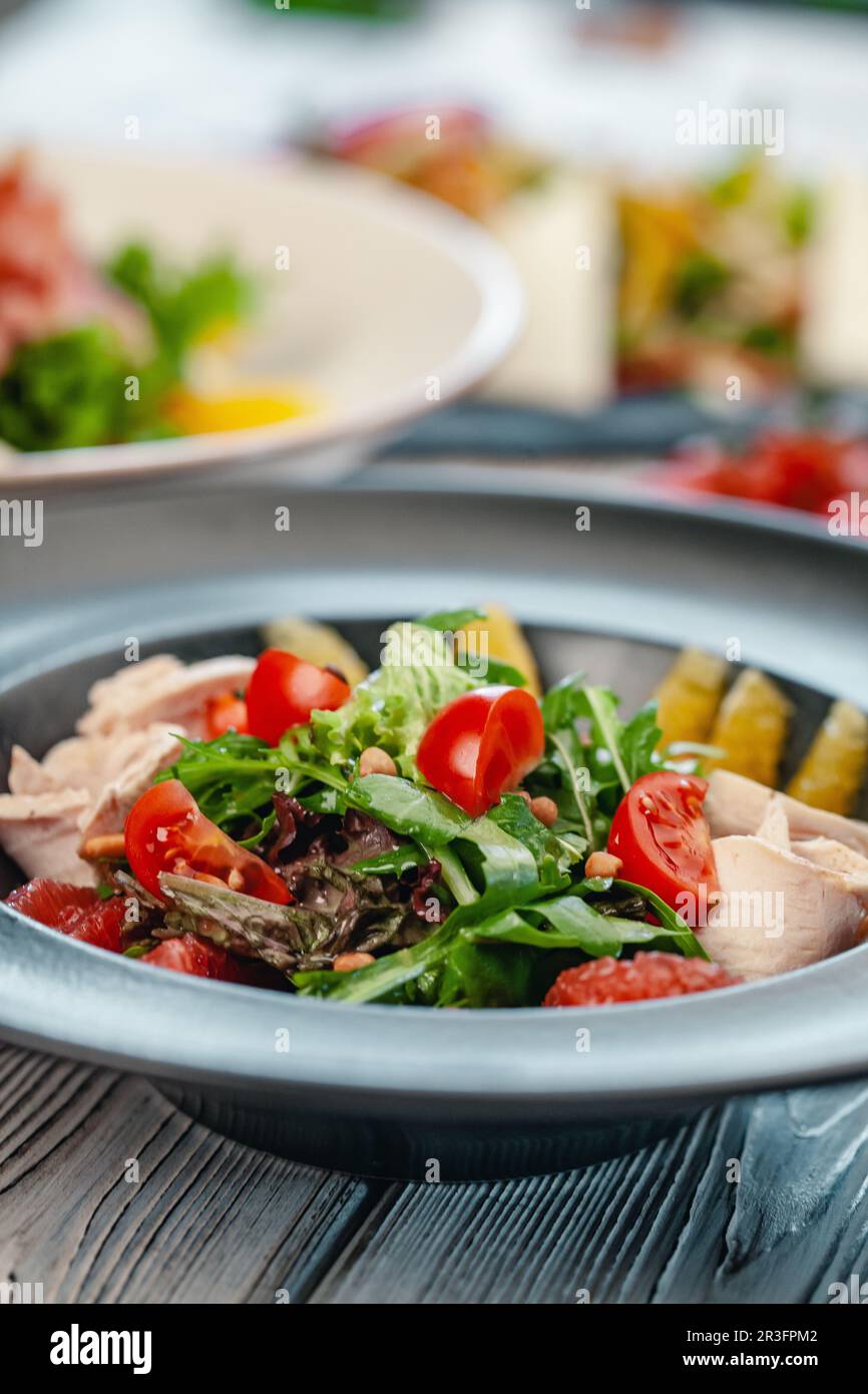 Restaurant Starter Menu of Veggie Salad with Meat slices Stock Photo ...