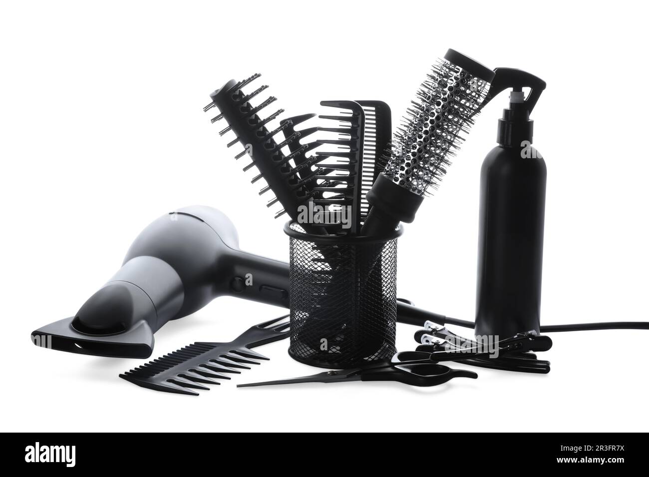 Different professional hairdresser tools on white background Stock ...