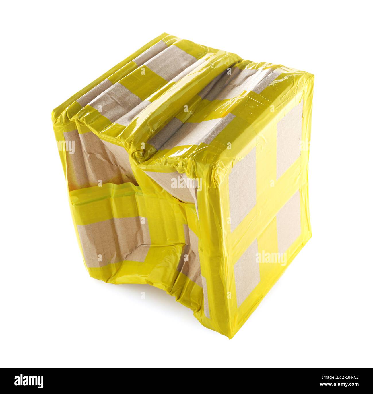 Crumpled cardboard parcel box with yellow sticky tape on white ...