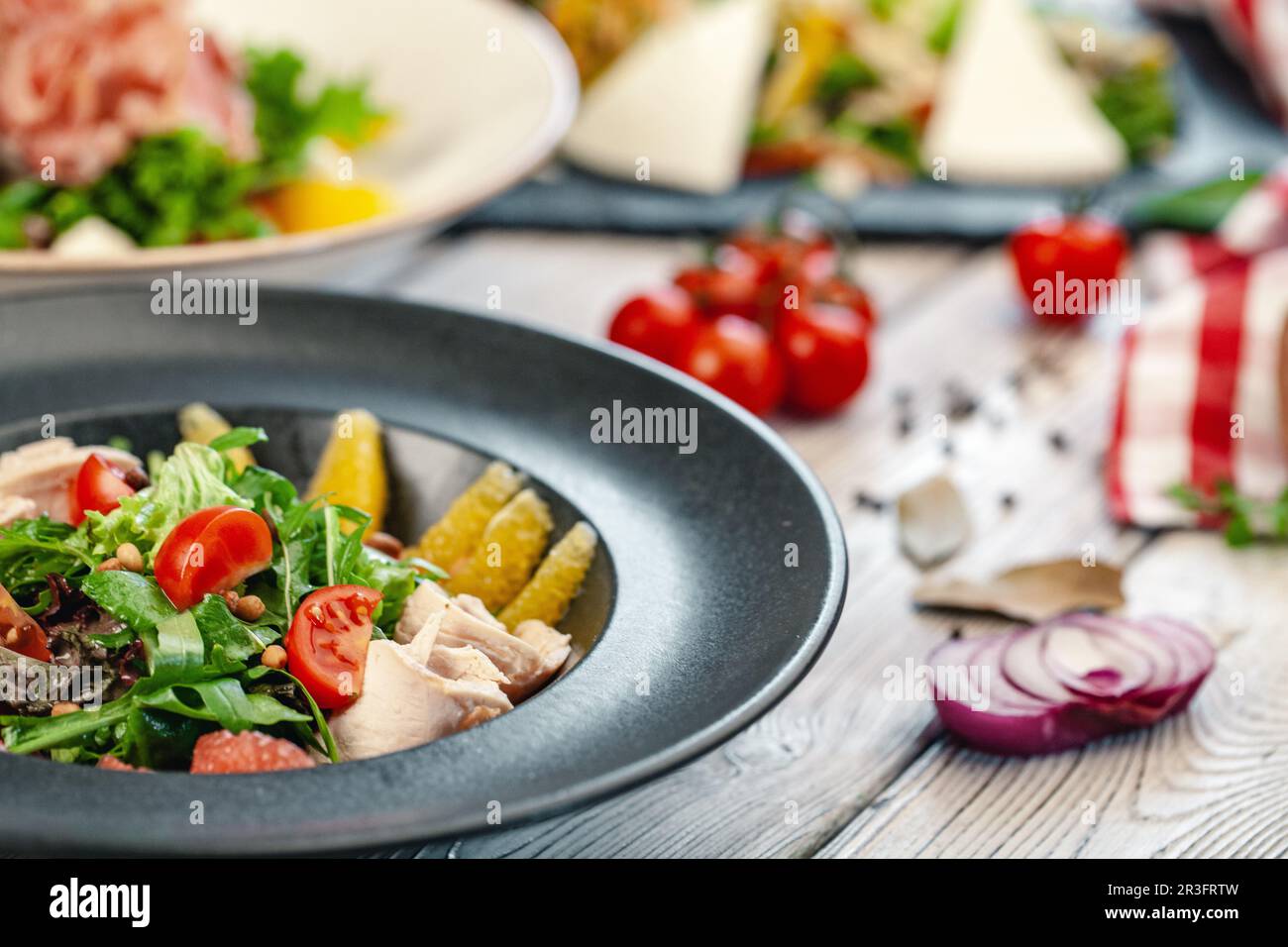 Restaurant Starter Menu of Veggie Salad with Meat slices Stock Photo ...