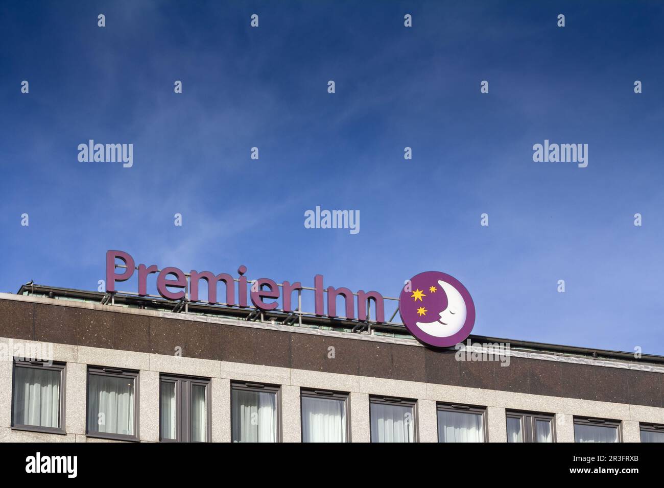 Picture of a sign with the logo of Premier Inn Hotel on their main ...