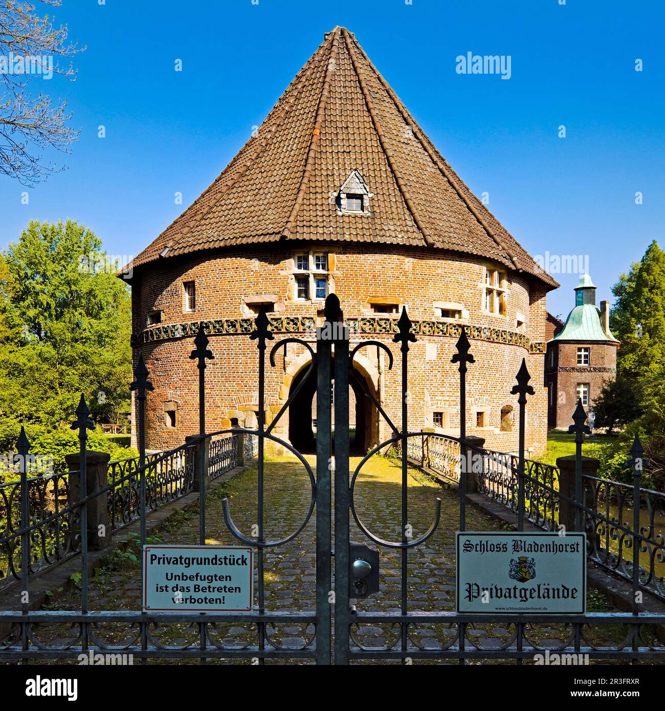 Castle bridge and gatehouse with the private sign, Bladenhorst Castle ...