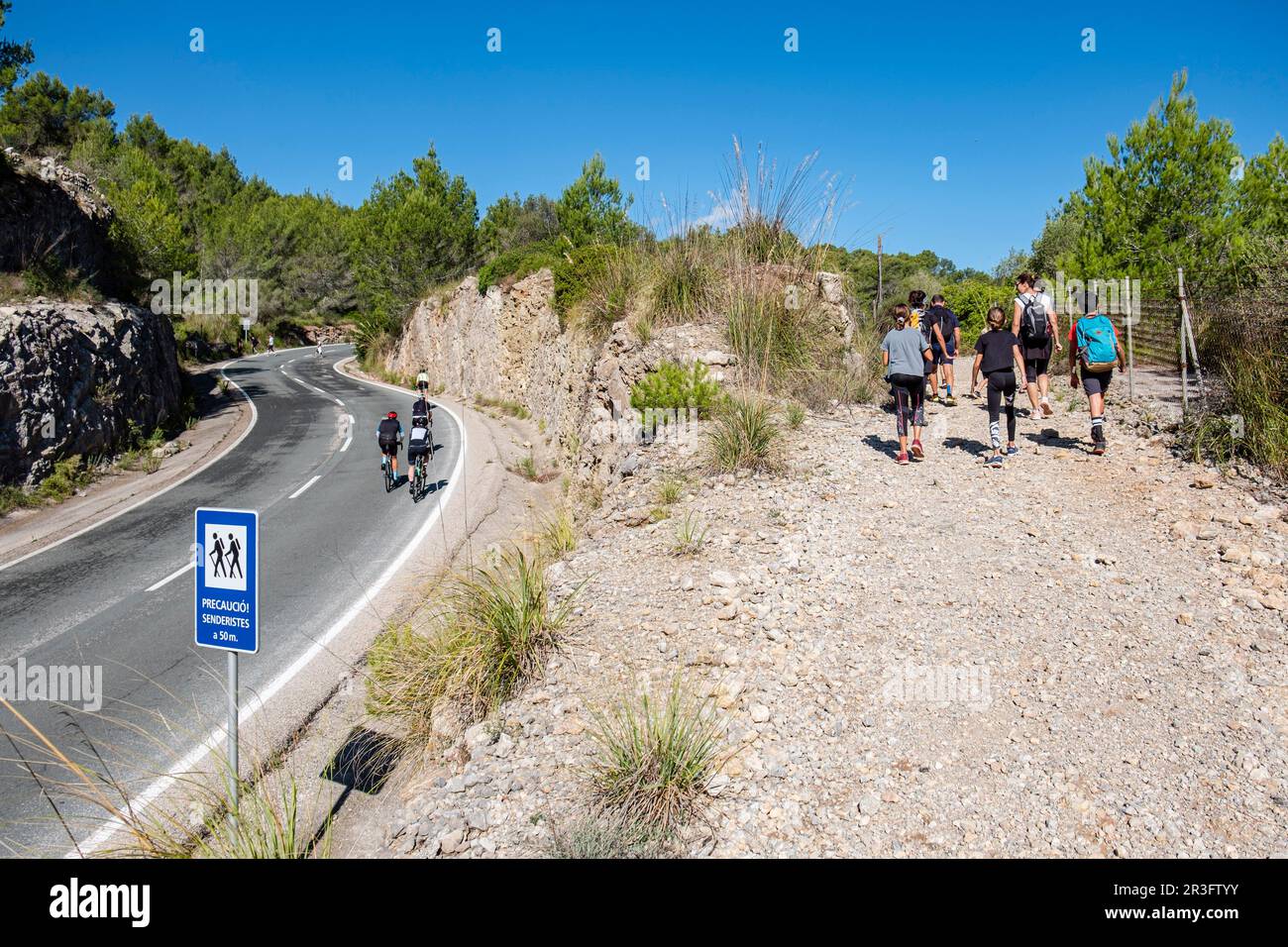 hikers on the dry stone route, GR221, Banyalbufar, Mallorca, Spain ...