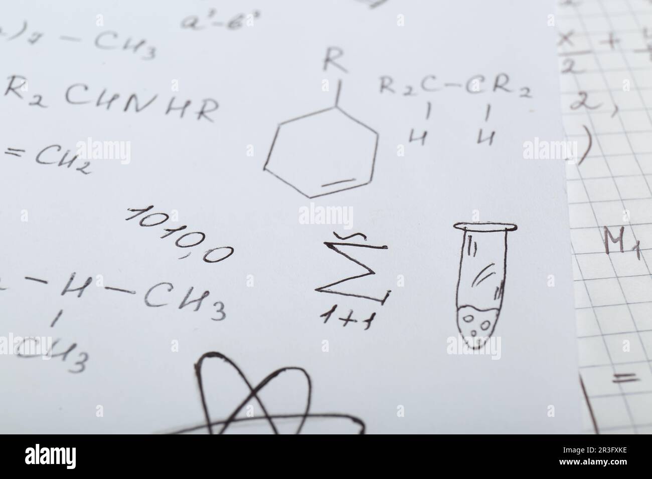 Sheets of paper with different chemical formulas, closeup Stock Photo ...