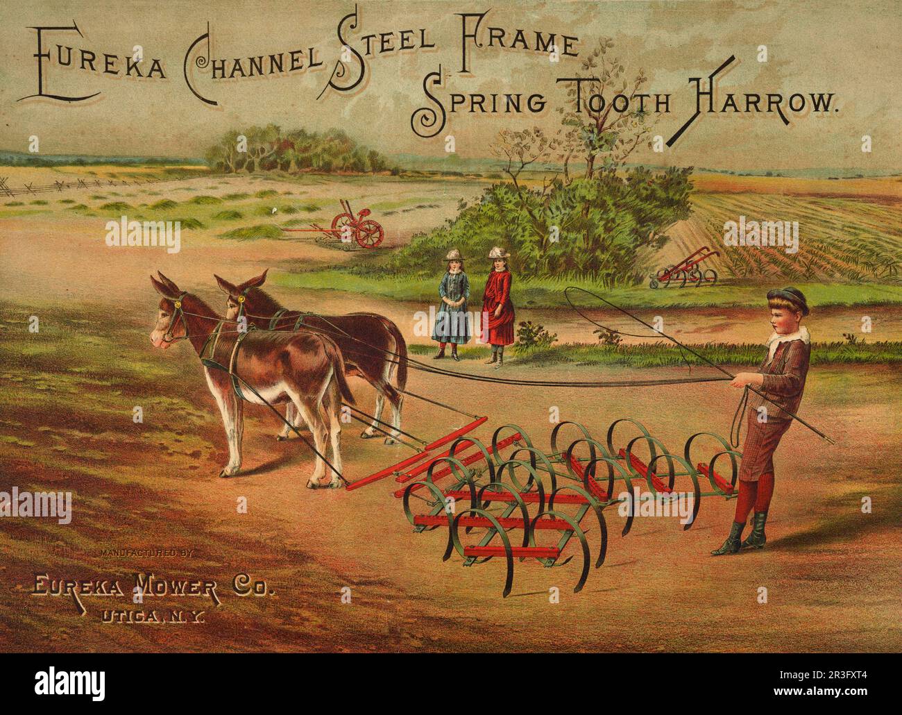 Vintage print of a boy with a harrow in an advertisement for Eureka ...