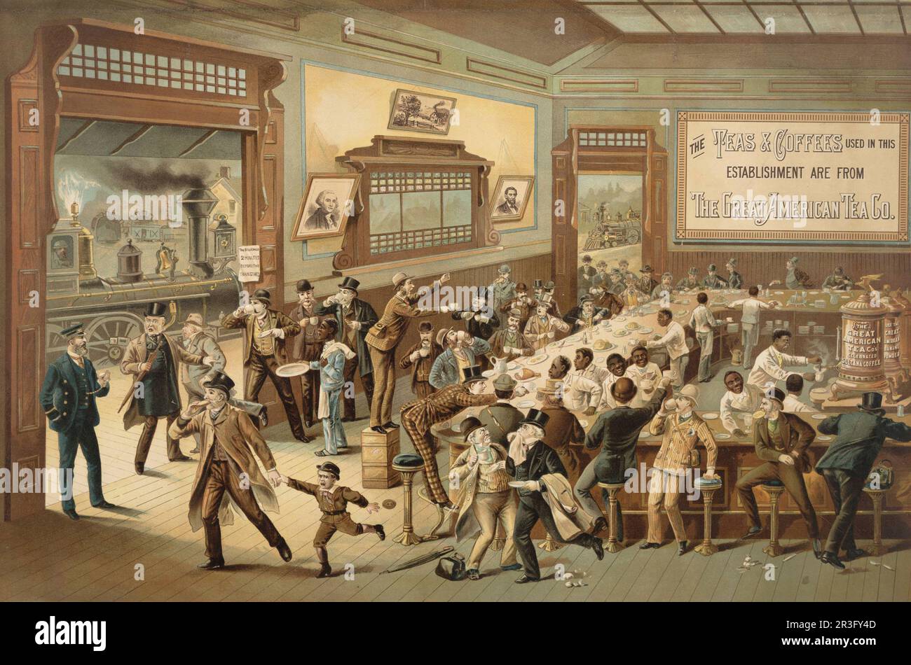 Vintage print showing an elevated interior view of a busy restaurant ...