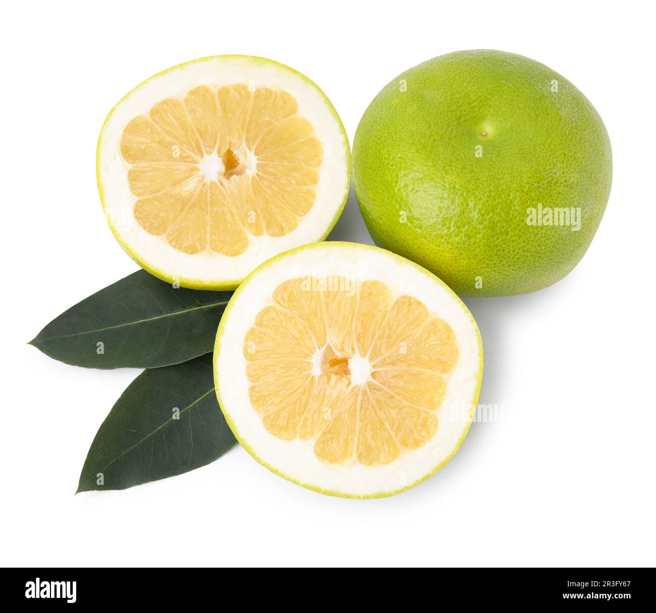 Whole and cut sweetie fruits with green leaves on white background, top ...