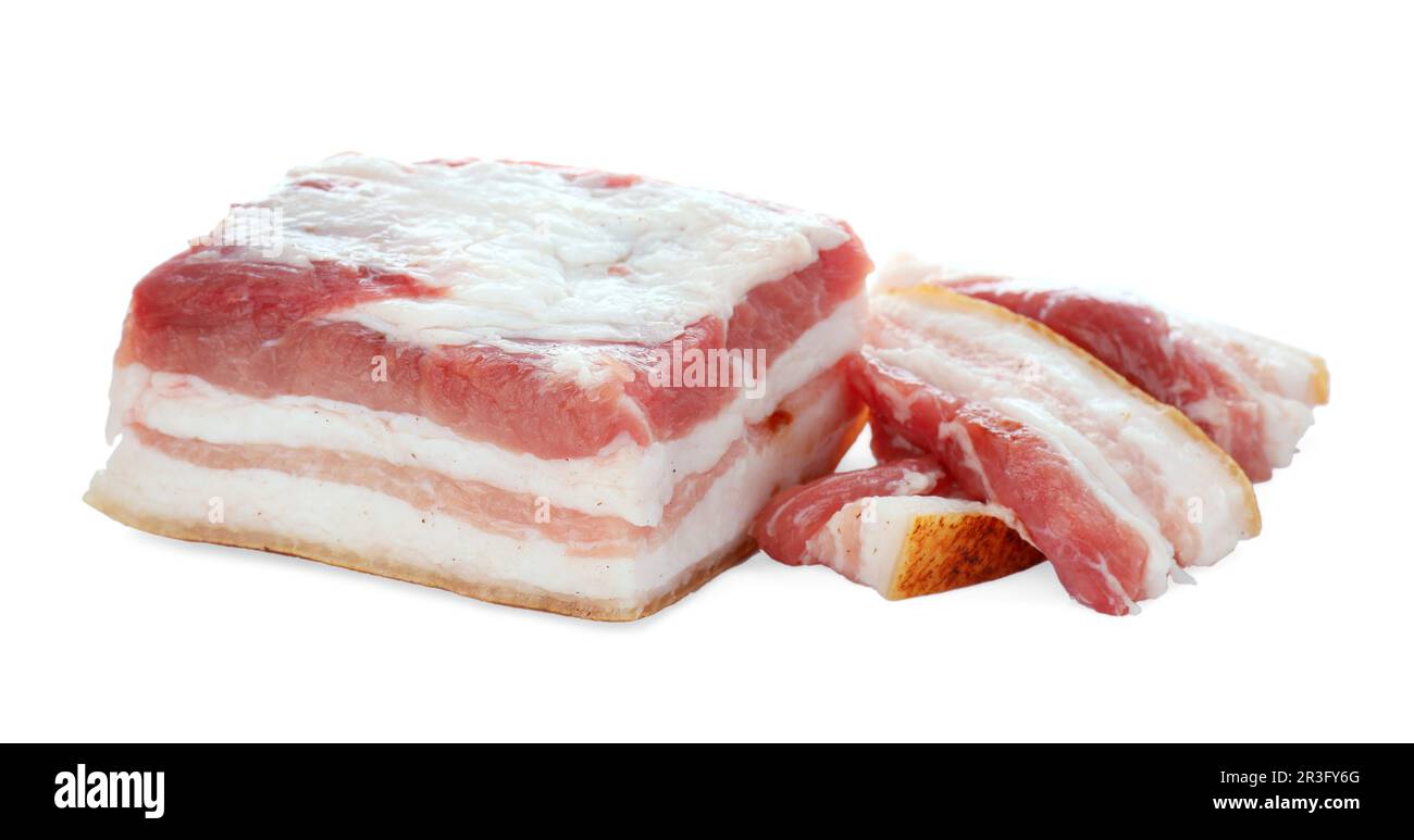 Pieces of tasty pork fatback on white background Stock Photo - Alamy