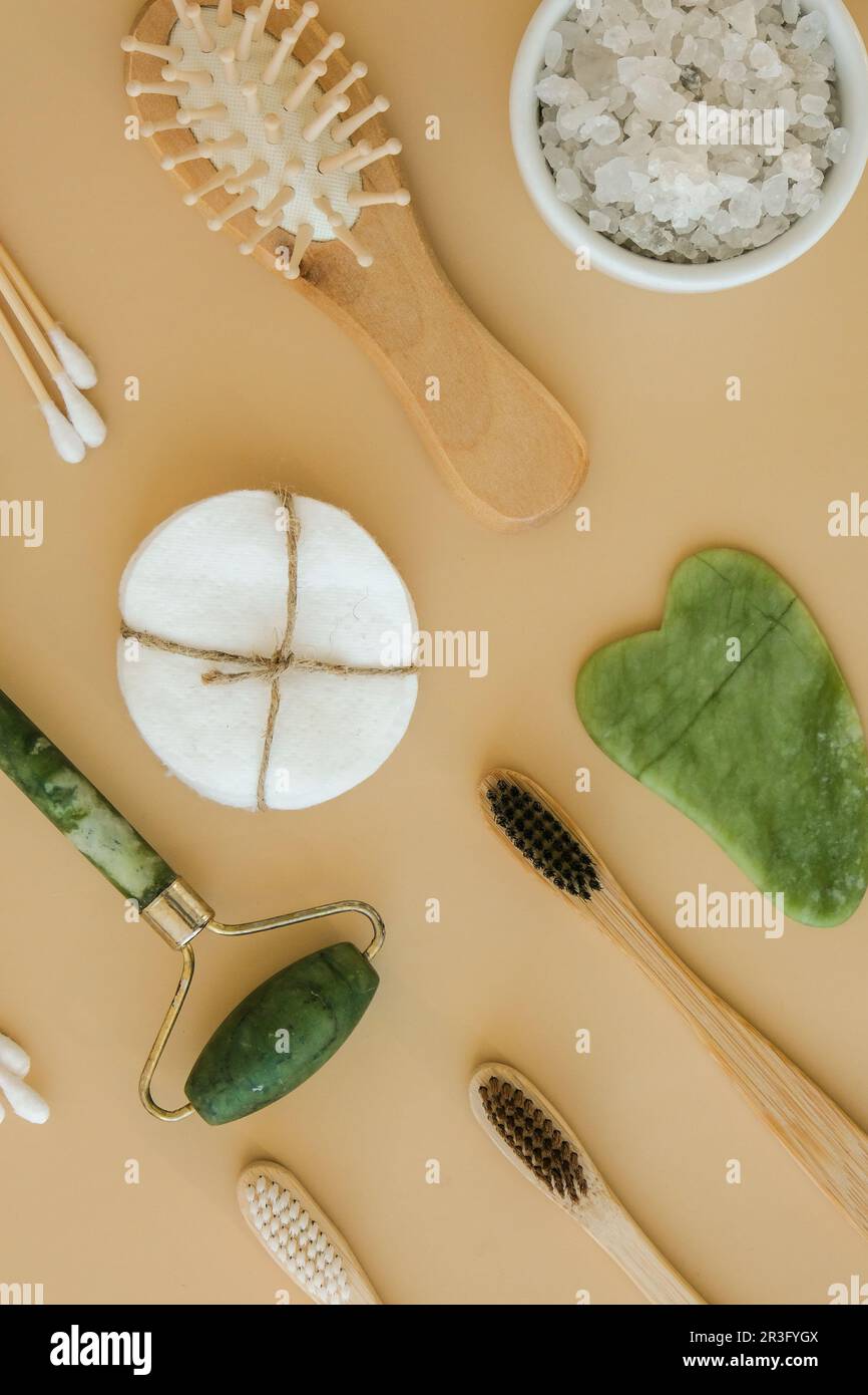 Natural skin care products on neutral beige background, flat lay ...