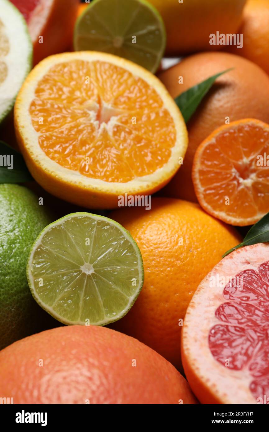 Different fresh whole and cut citrus fruits as background Stock Photo ...