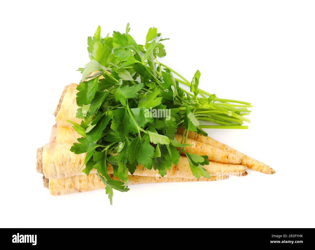 Raw parsley roots and bunch of fresh herb isolated on white, top view ...