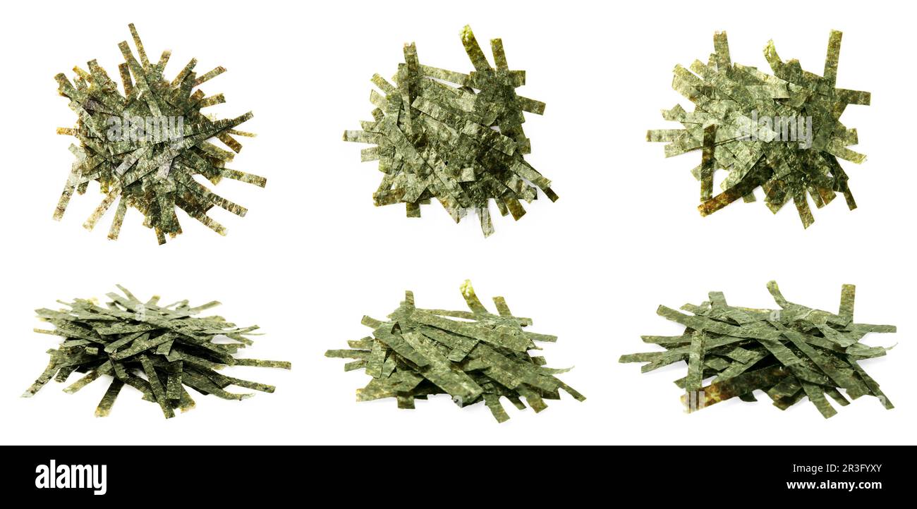 Set with tasty chopped crispy nori sheets on white background. Banner ...